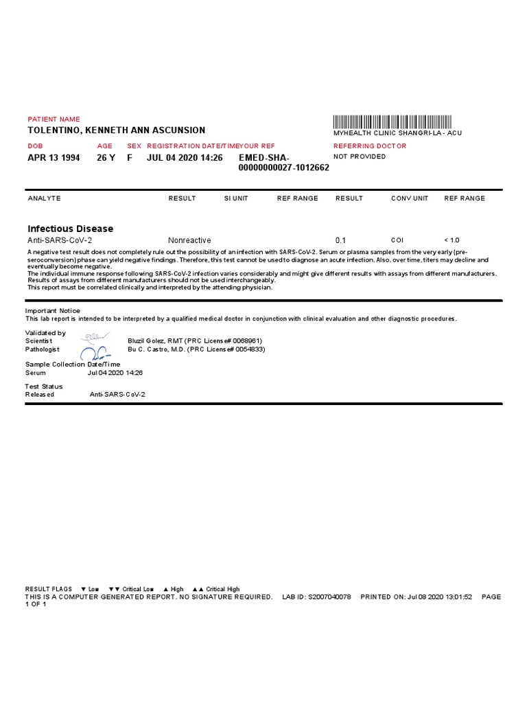 Sample Rapid Test Result | PDF | Infection | Physician