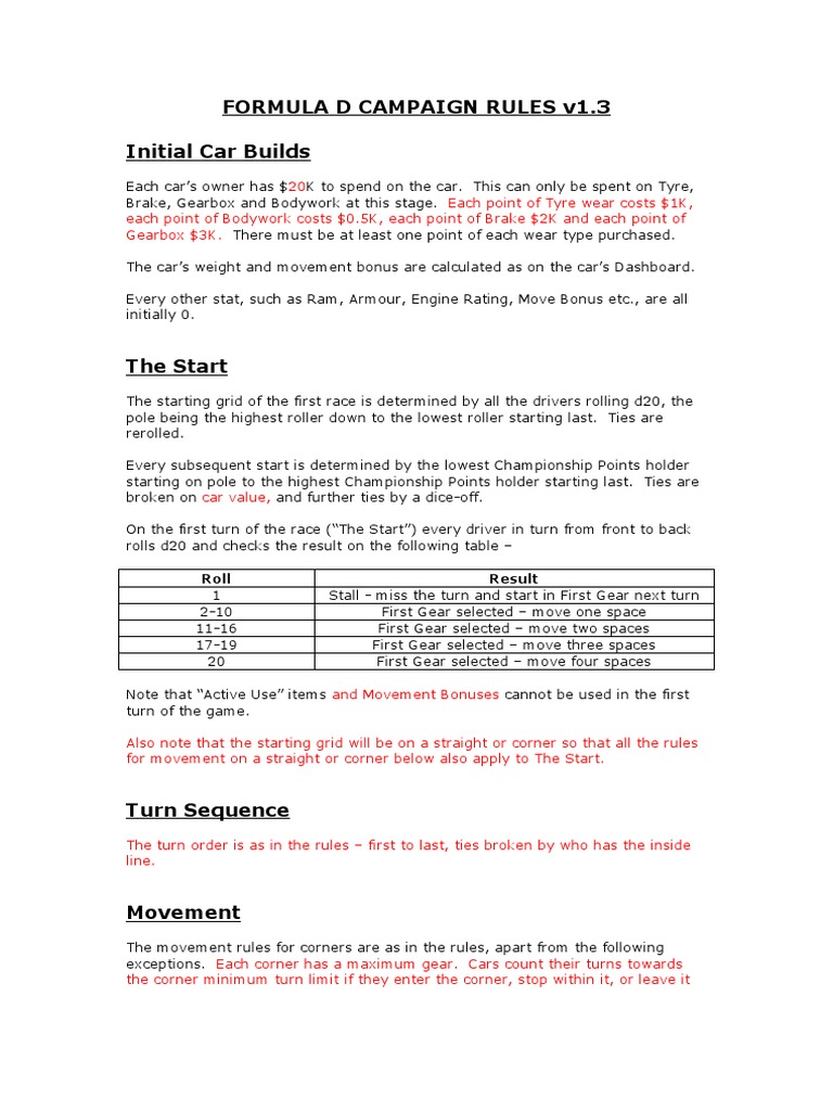 FORMULA D CAMPAIGN RULES v13 | PDF | Dice | Car