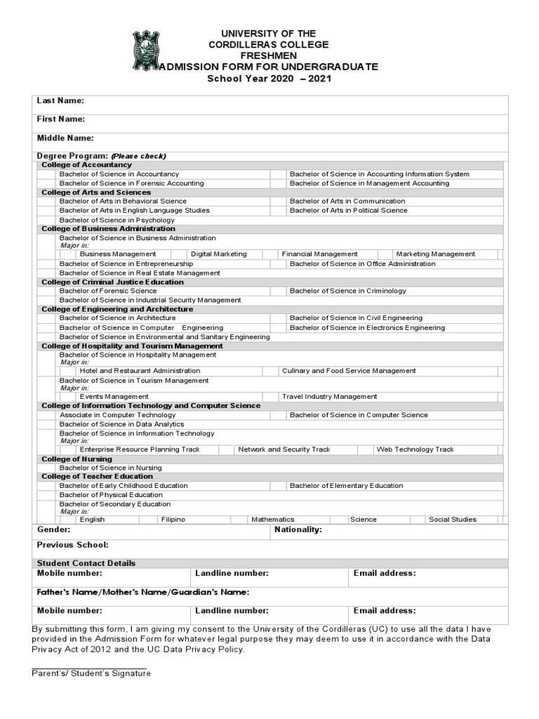 University of The Cordilleras College Freshmen Admission Form For ...