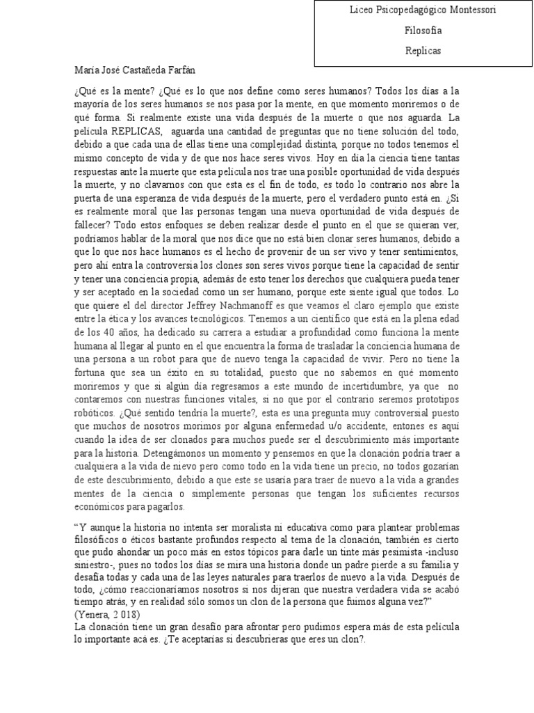 Ensayo Pelicula Replicas | PDF | Muerte | Vida