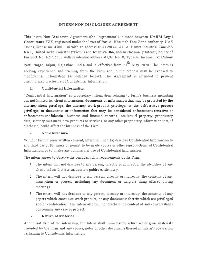 INTERN NON-DISCLOSURE AGREEMENT - Ruchika Jha | PDF | Non Disclosure ...