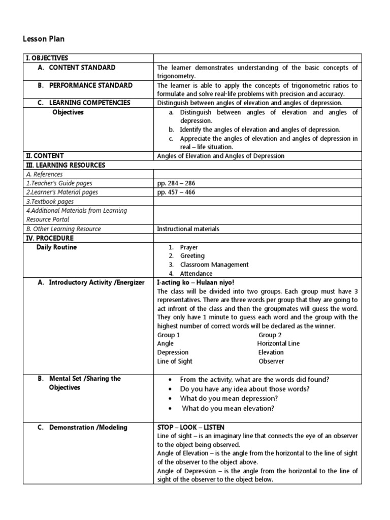 Angle of Elevation and Angle of Depression | PDF | Trigonometry | Learning