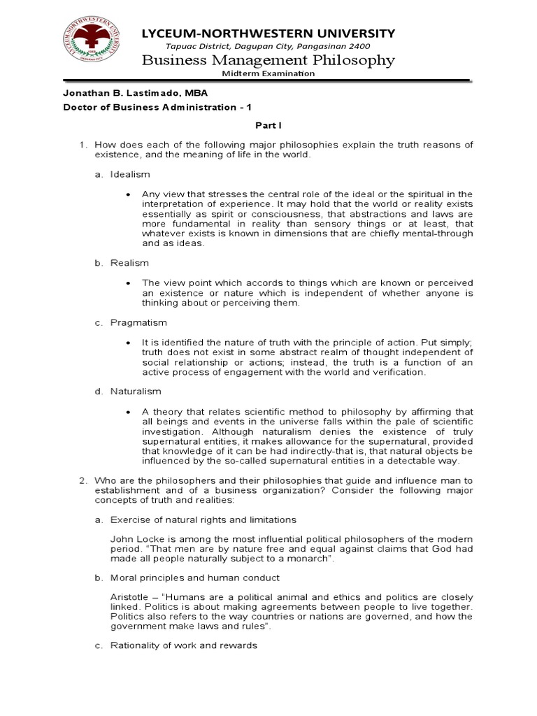 Business Management Philosophy Part I | PDF | Reality | Naturalism ...