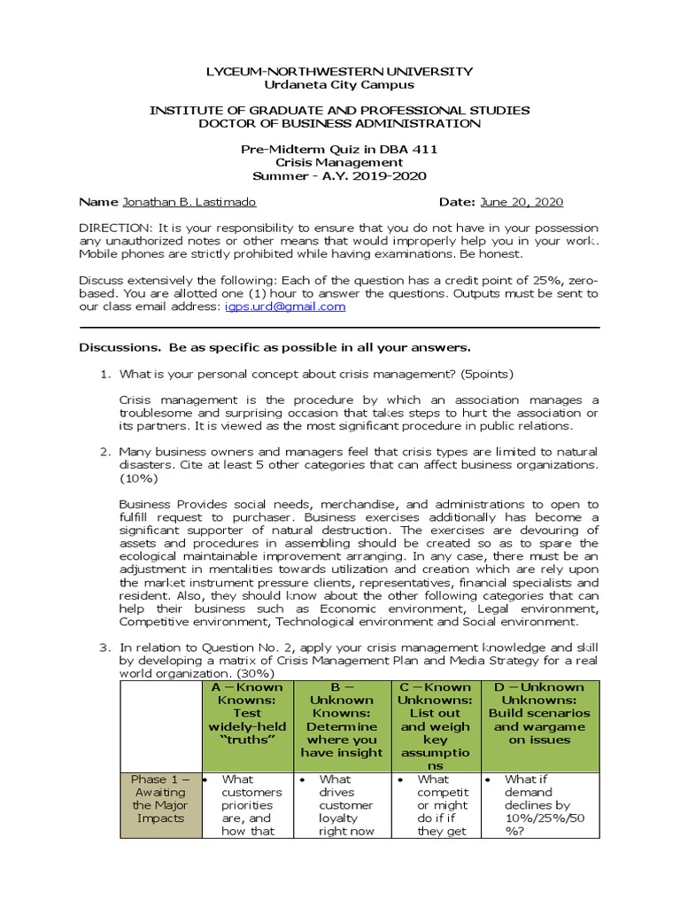 Pre-Midterm Exam Crisis Management | PDF | Crisis Management | Money