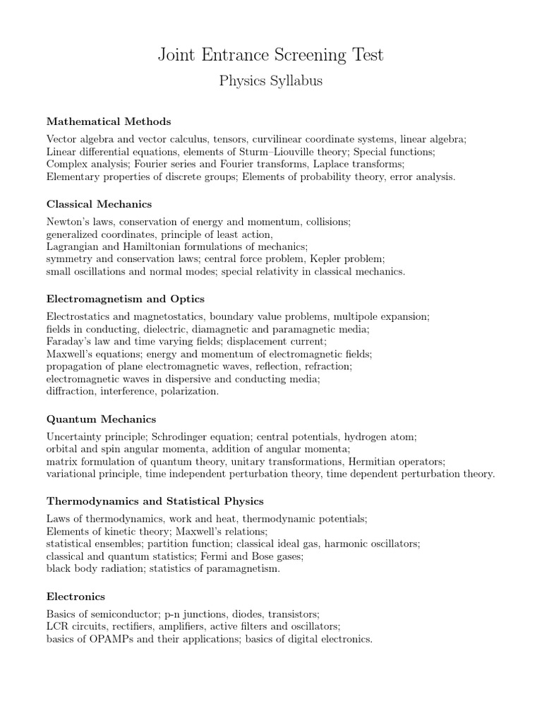 JEST Physics Syllabus | PDF