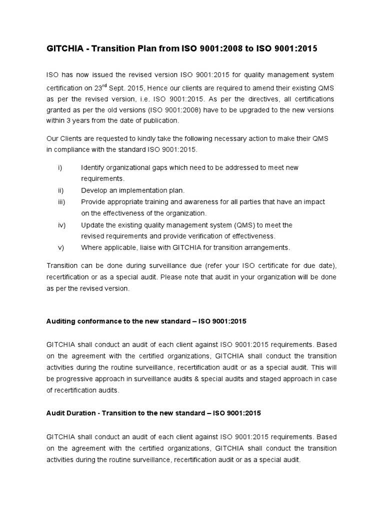 GITCHIA - Transition Plan From ISO 9001:2008 To ISO 9001:2015 | PDF ...