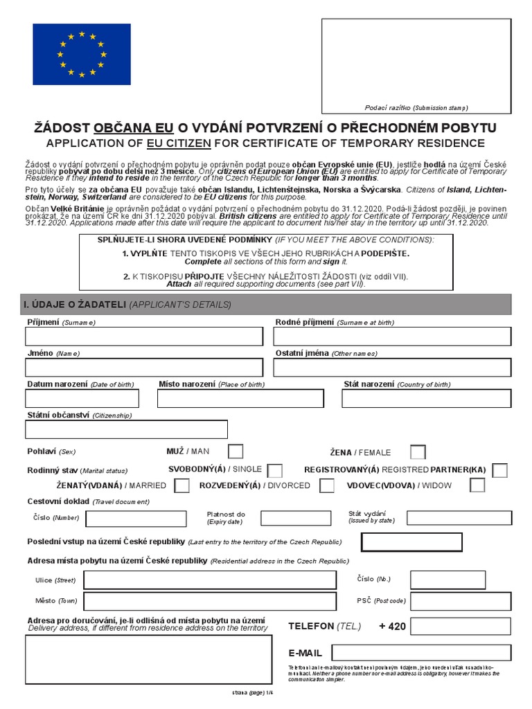 Tiskopis Zadosti o Vydani Potvrzeni o Prechodnem Pobytu Obcana EU-elektronicky - 20200511v2 PDF ...