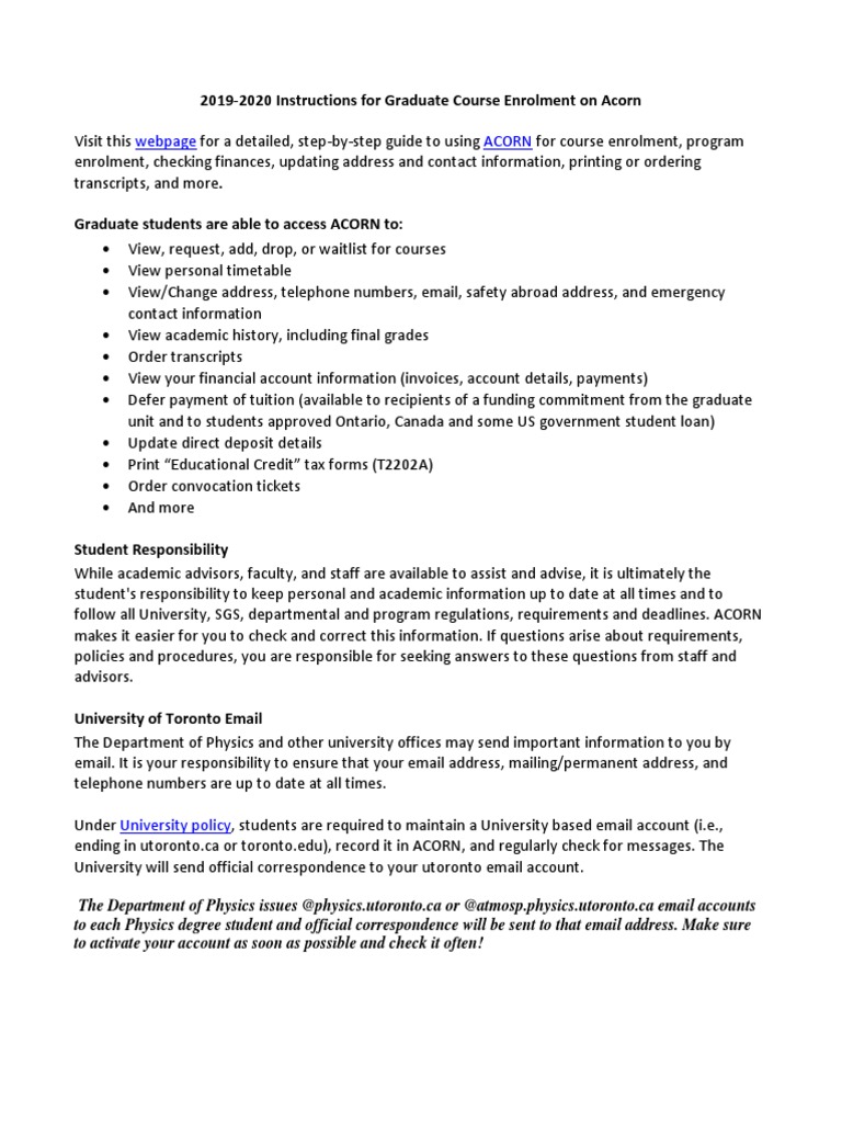 Webpage Acorn: 2019-2020 Instructions For Graduate Course Enrolment On ...