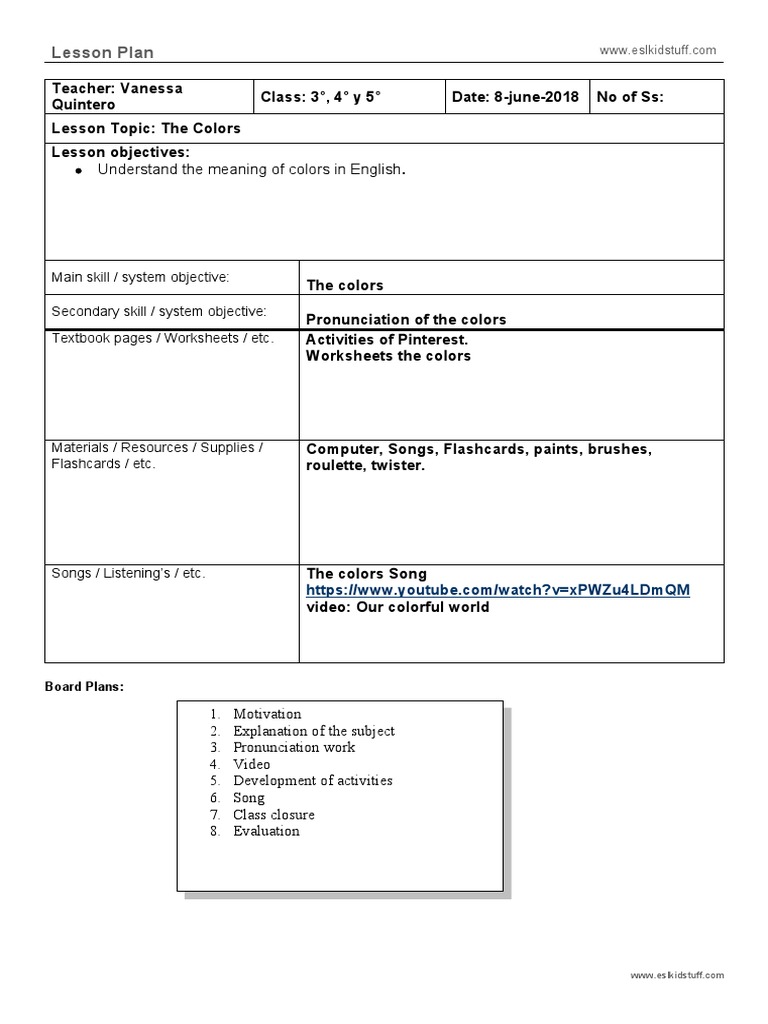Lesson Plan: Understand The Meaning of Colors in English | PDF | Lesson ...