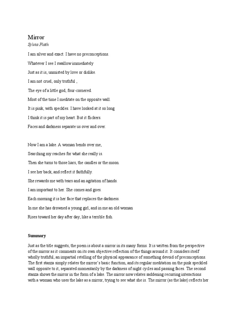 Mirror by Sylvia Plath Analysis (Quelpr) | PDF | Mirror
