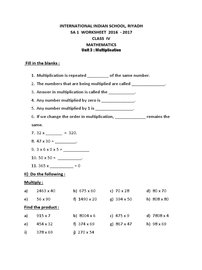 International Indian School, Riyadh SA 1 WORKSHEET 2016 - 2017 Class Iv ...