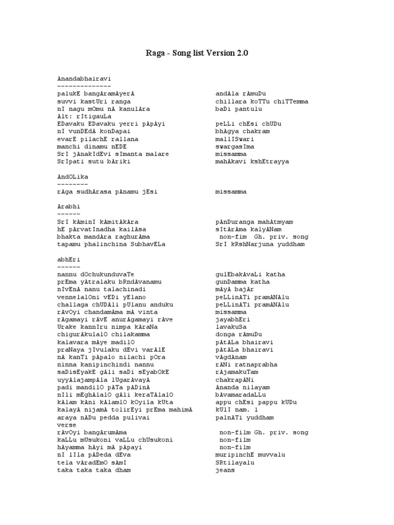 Raga - Song List Version 2.0: A Comprehensive Collection of Carnatic ...