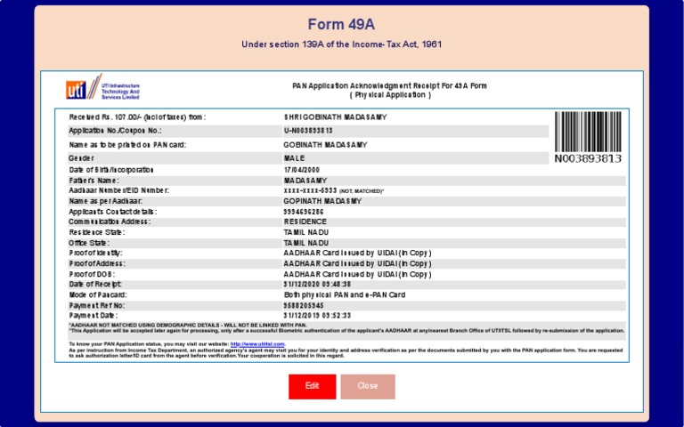 Form 49A: Under Section 139A of The Income-Tax Act, 1961 | PDF | Access ...