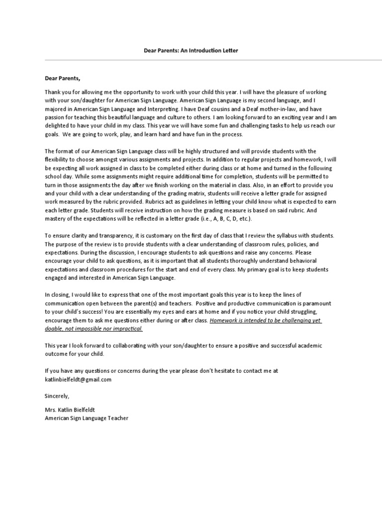 Teacher Introduction Letter To Parents | PDF | Rubric (Academic ...