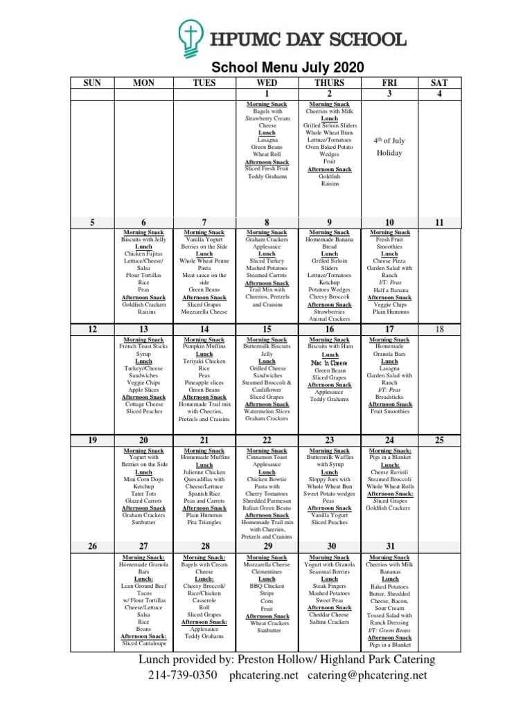 HPUMC Day School Menu July 2020 | PDF