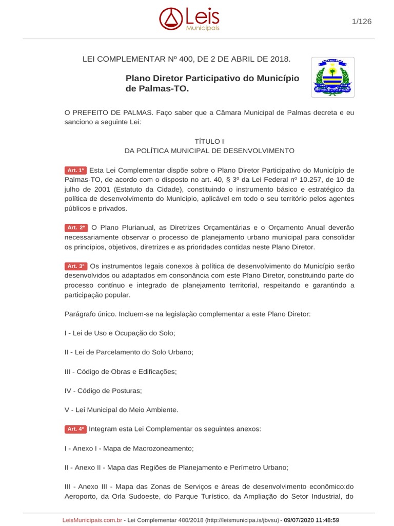 Lei Comp. 400-2018 - Plano Diretor de Palmas | PDF | Planejamento urbano | Economias
