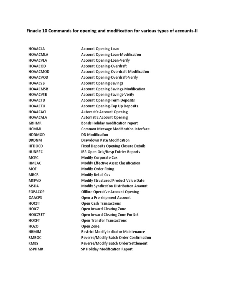 Finacle 10 Commands For Opening and Modification of Accounts-II | PDF