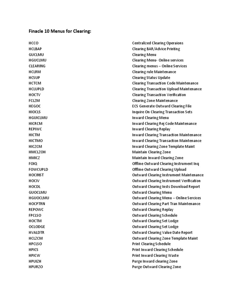 Finacle 10 Menus For Clearing | PDF | Menu | Computing