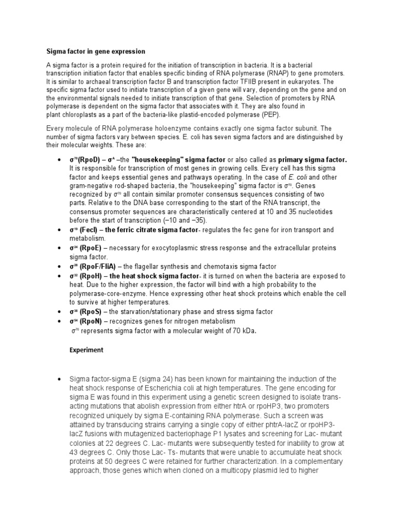 Sigma Factor in Gene Expression | PDF | Gene | Promoter (Genetics)