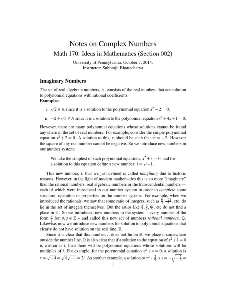 Notes On Complex Numbers: Math 170: Ideas in Mathematics (Section 002 ...