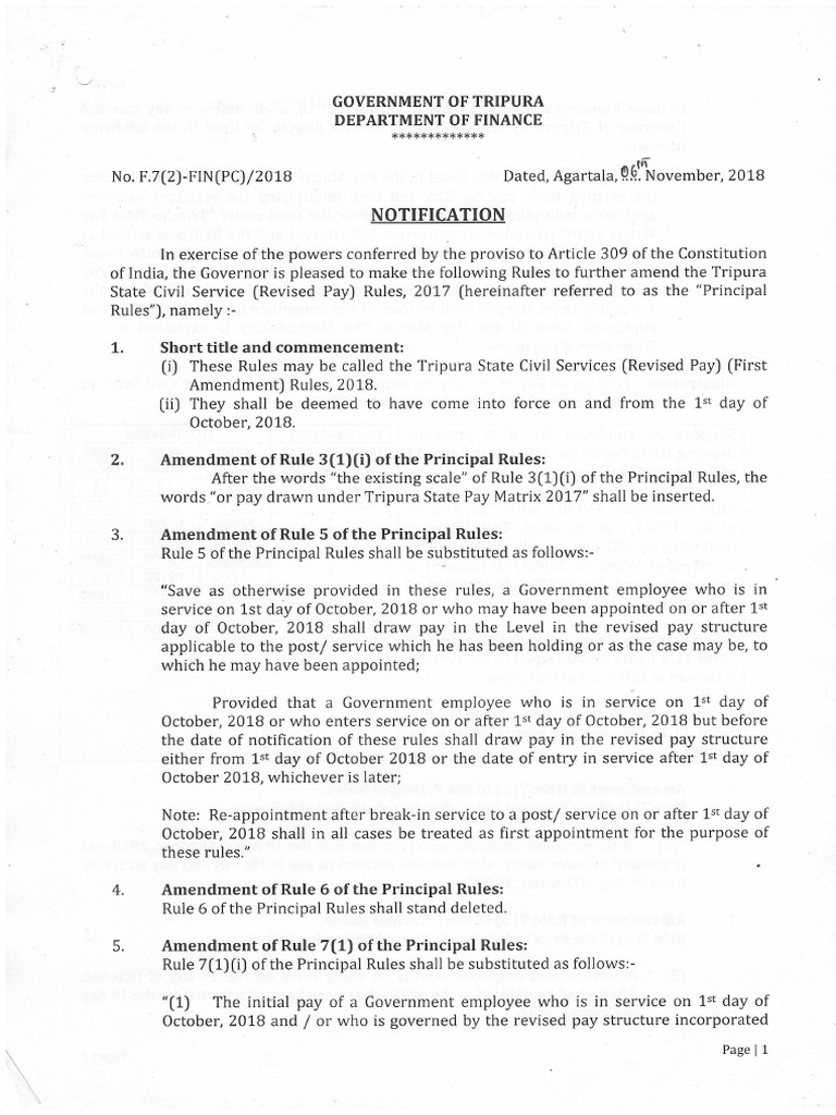 Notification Regarding Amendments to the Tripura State Civil Service (Revised Pay) Rules, 2017 ...