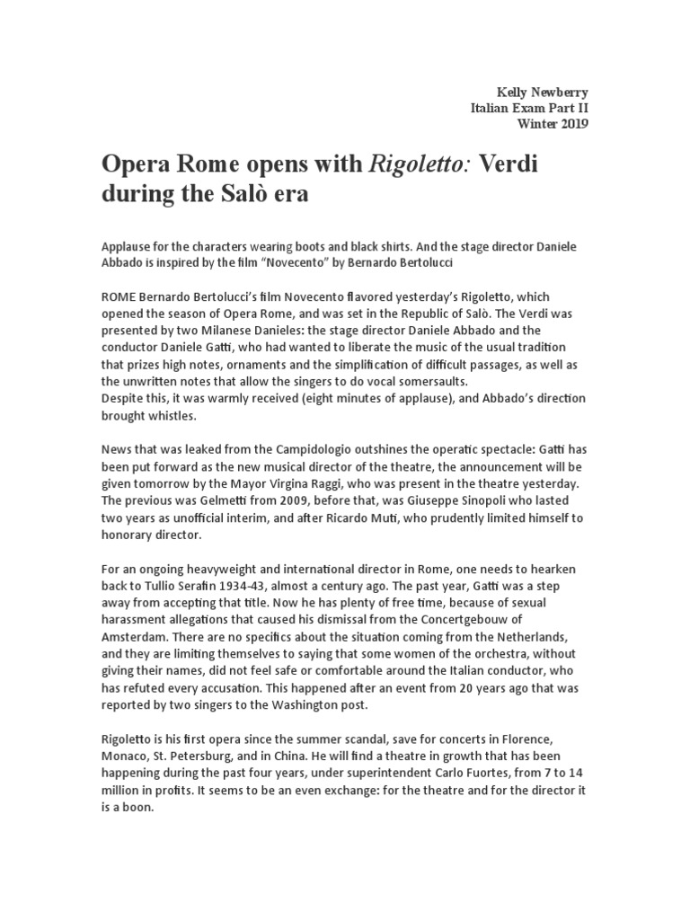 Opera Rome Opens With Rigoletto: Verdi During The Salò Era | PDF ...