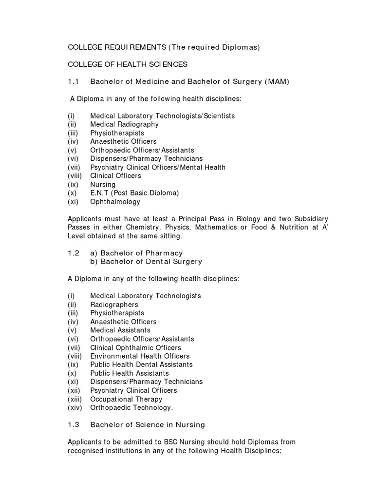 COLLEGE REQUIREMENTS (The Required Diplomas) College of Health Sciences ...