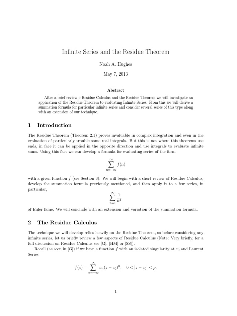 Infinite Series and The Residue Theorem: Noah A. Hughes May 7, 2013 | PDF | Series (Mathematics ...
