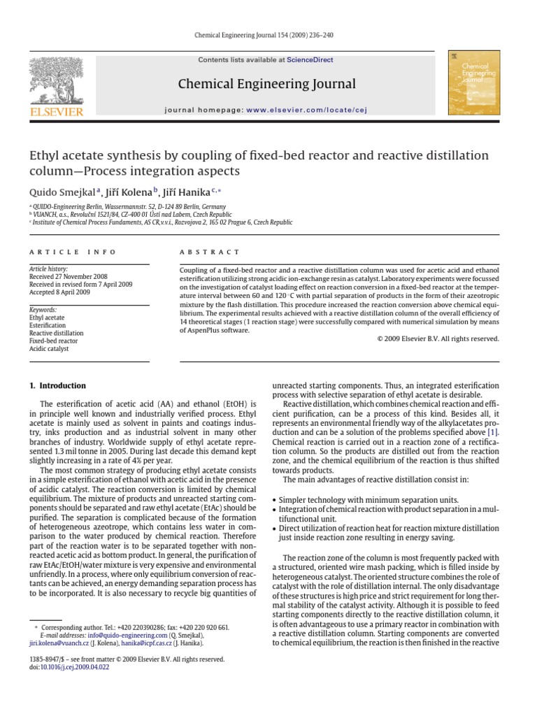 Ethyl Acetate Synthesis by Coupling of Fixed-Bed Reactor and Reactive ...