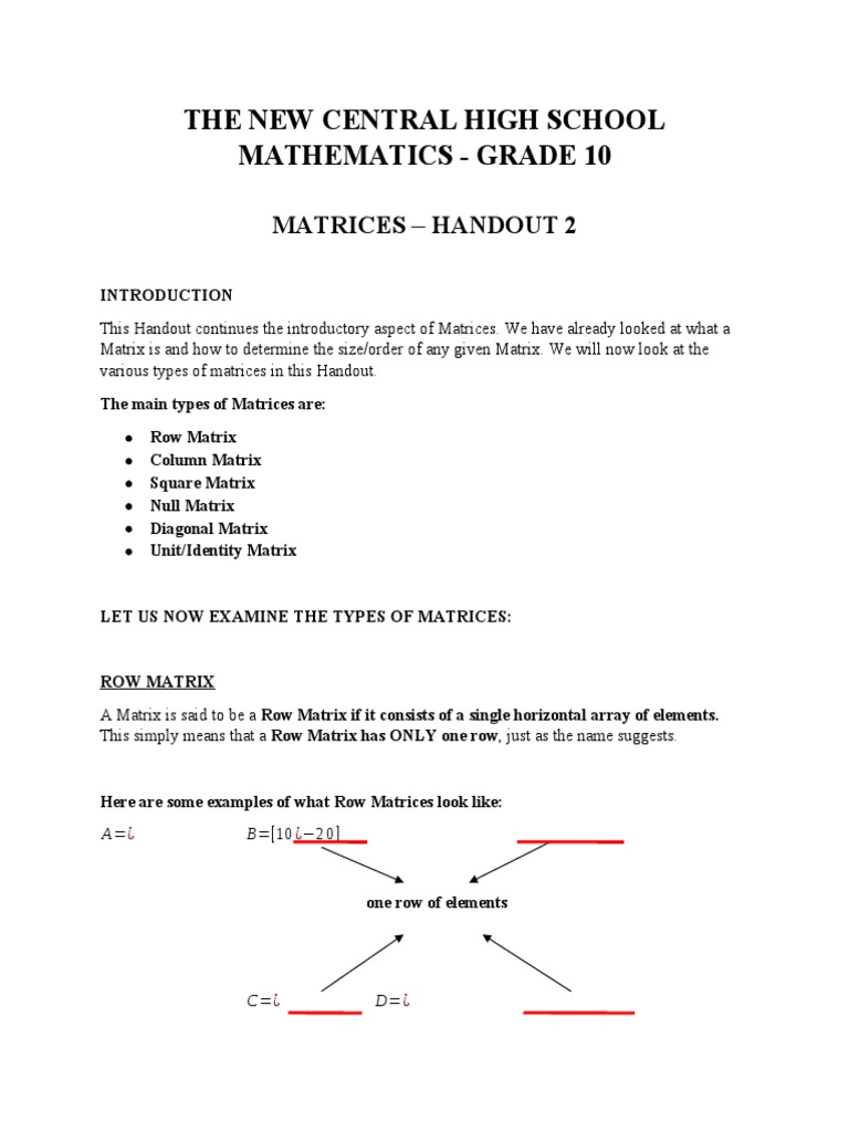 The New Central High School Mathematics - Grade 10: Matrices - Handout ...