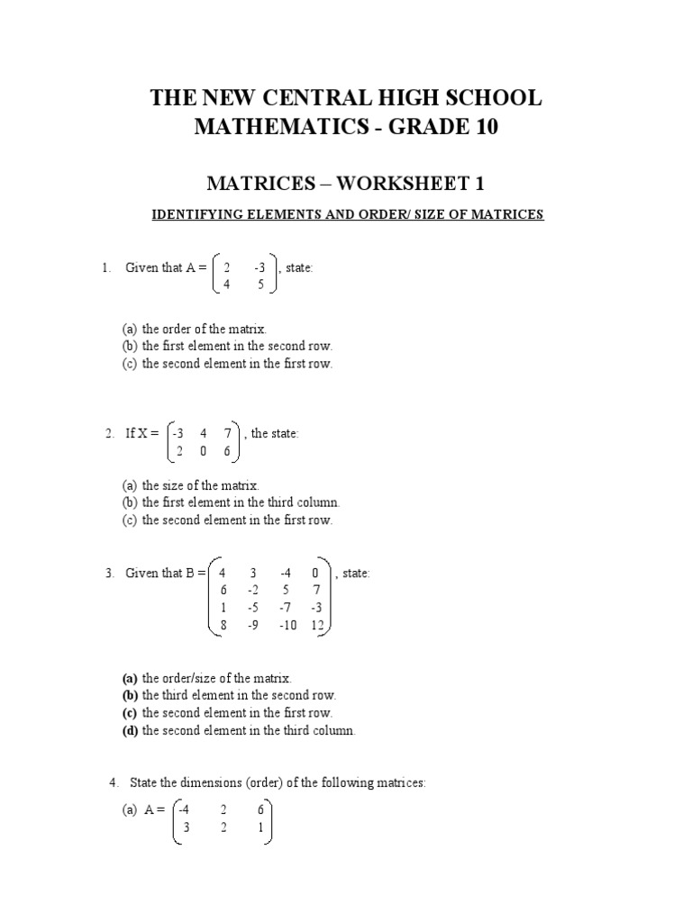 Grade 10 Matrices Worksheet 1 | PDF