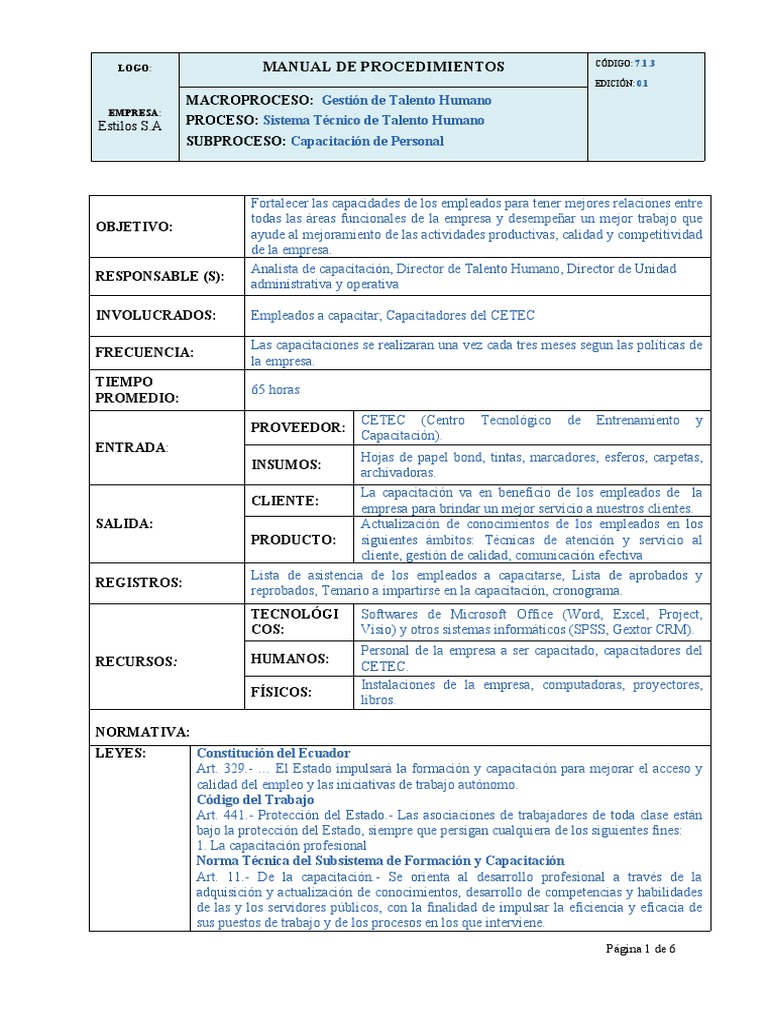 Modelo de Manual de Procedimientos | PDF | Sistema de manejo de calidad ...