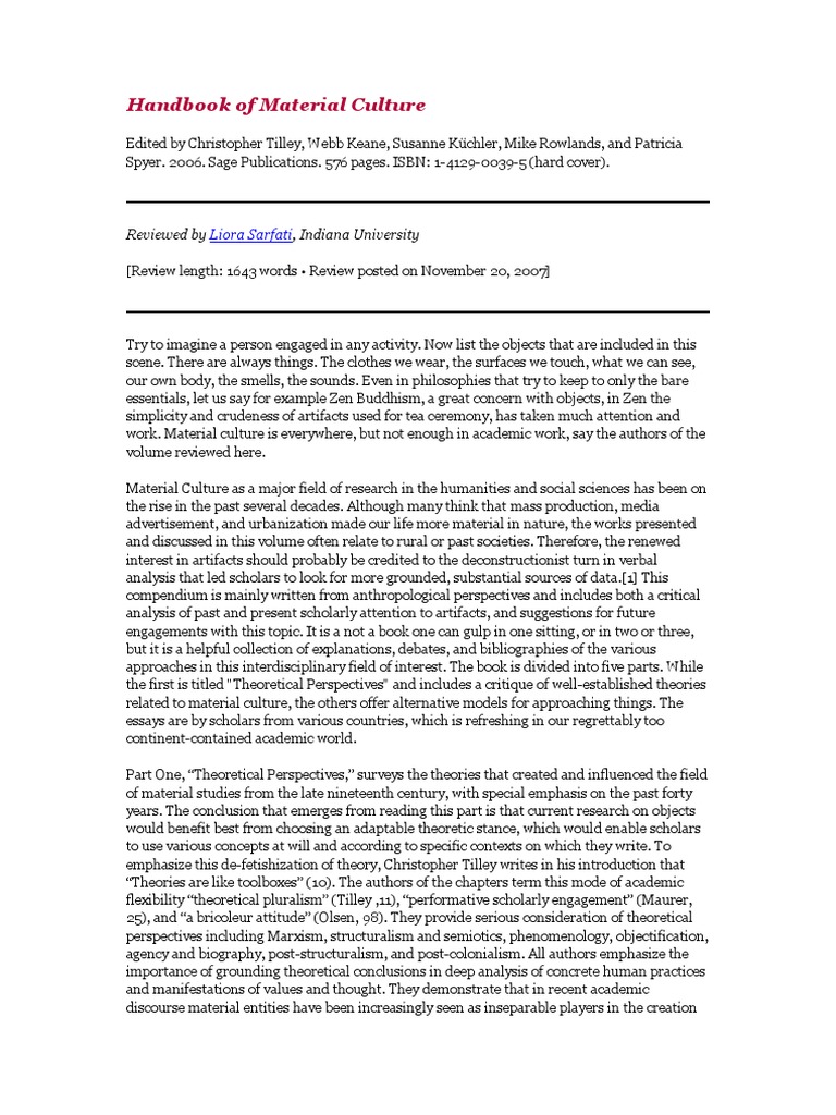 Handbook of Material Culture: Reviewed By, Indiana University | PDF ...