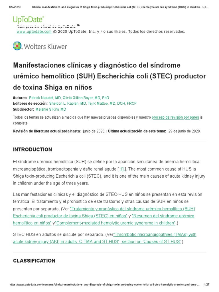 Manifestaciones Clinicas Del SHU - UpToDate | PDF | Escherichia coli ...