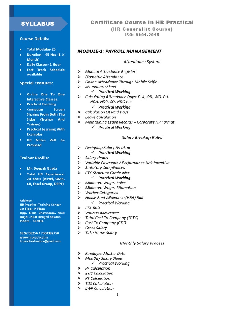 Syllabus HR Generalist Full Course 3 | PDF | Human Resources | Employee ...