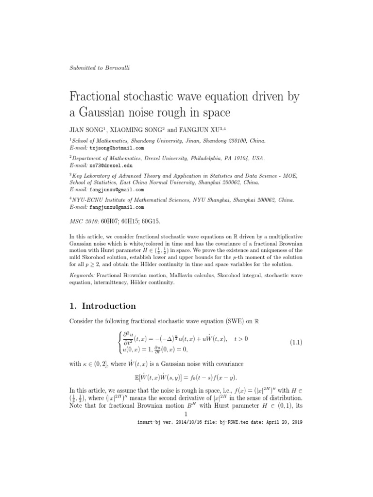 Fractional Stochastic Wave Equation Driven by A Gaussian Noise Rough in Space | PDF | Stochastic ...
