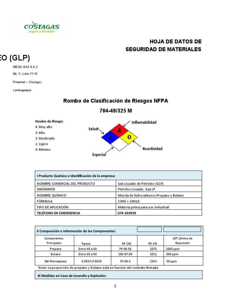 MSDS GLP Mega Gas Sac - Enero 2020 | PDF | Quemar | Propano