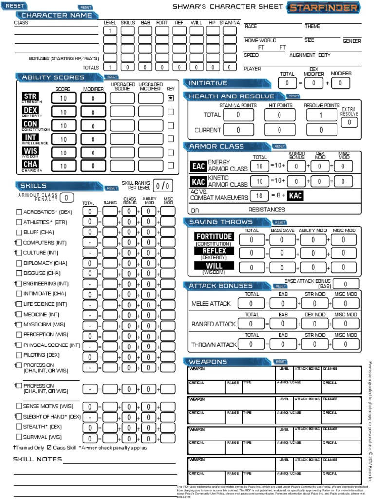 StarFinder Super Character Sheet | PDF | Gaming | Role Playing Games
