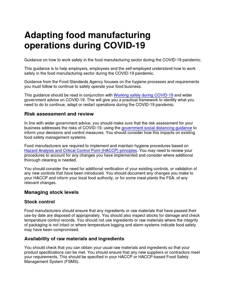 Fsa Guideline Adapting Food Manufacturing Operations During Covid19 ...