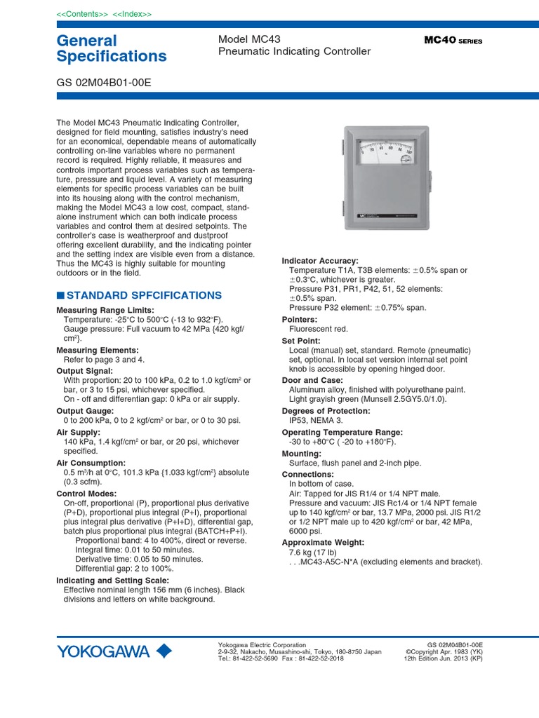 MC43 General Specifications Model MC43 Pneumatic Indicating Controller ...