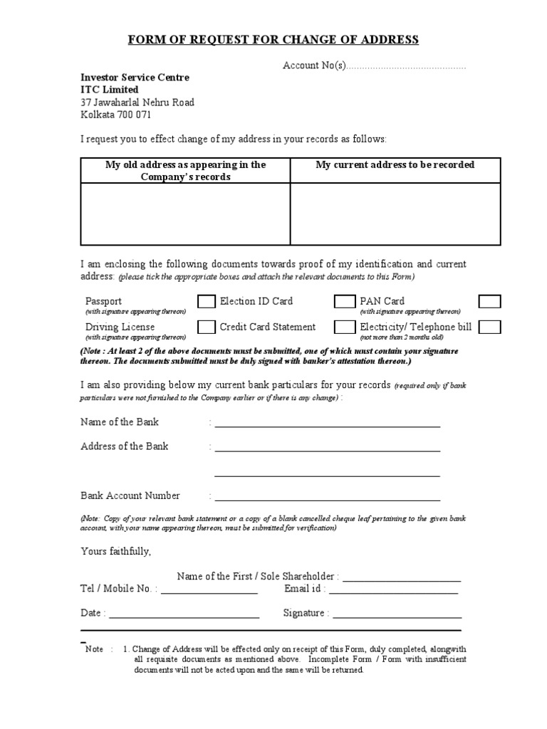 COA Change of Address Request Form | PDF | Identity Document ...