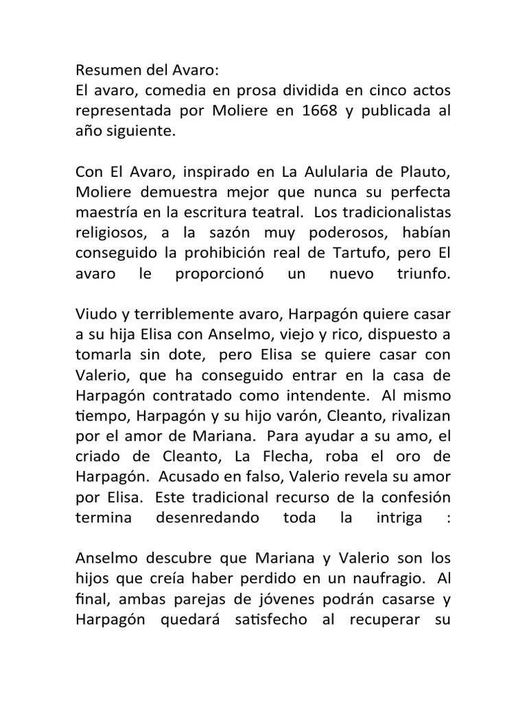 Resumen Del Avaro | PDF