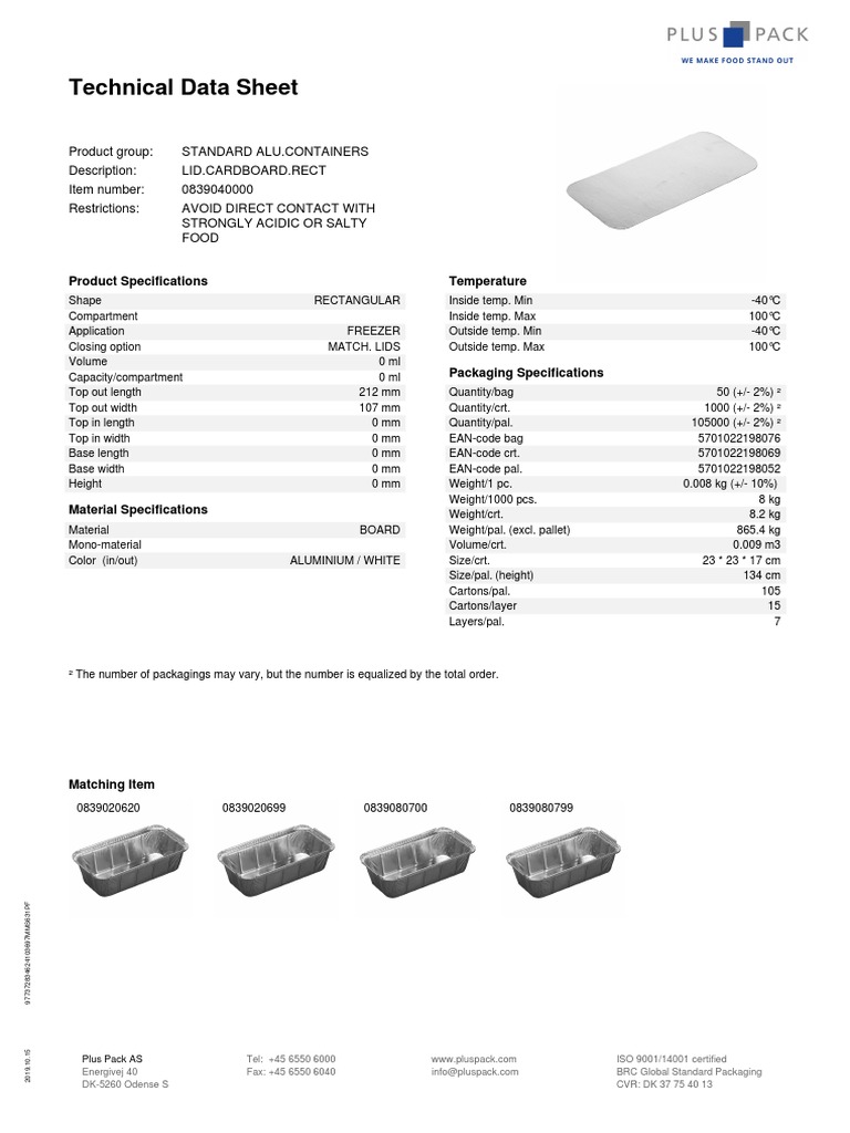 Technical Data Sheet: Product Group: Standard Alu - Containers Lid ...