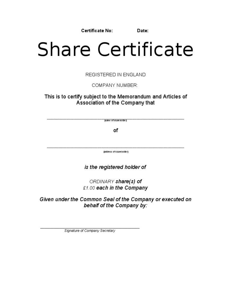UK Ordinary Share Certificate Template | PDF