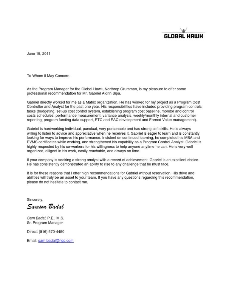 Letter of Recommendaton - Program Manager | PDF