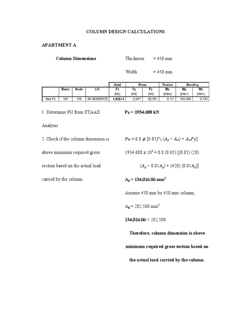 Column Design Calculations Apartment A Column Dimensions | PDF