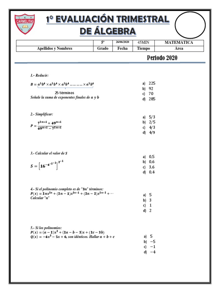 1° EVALUACION TRIMESTRAL 5to Sec | PDF | Álgebra | Enseñanza de matemática