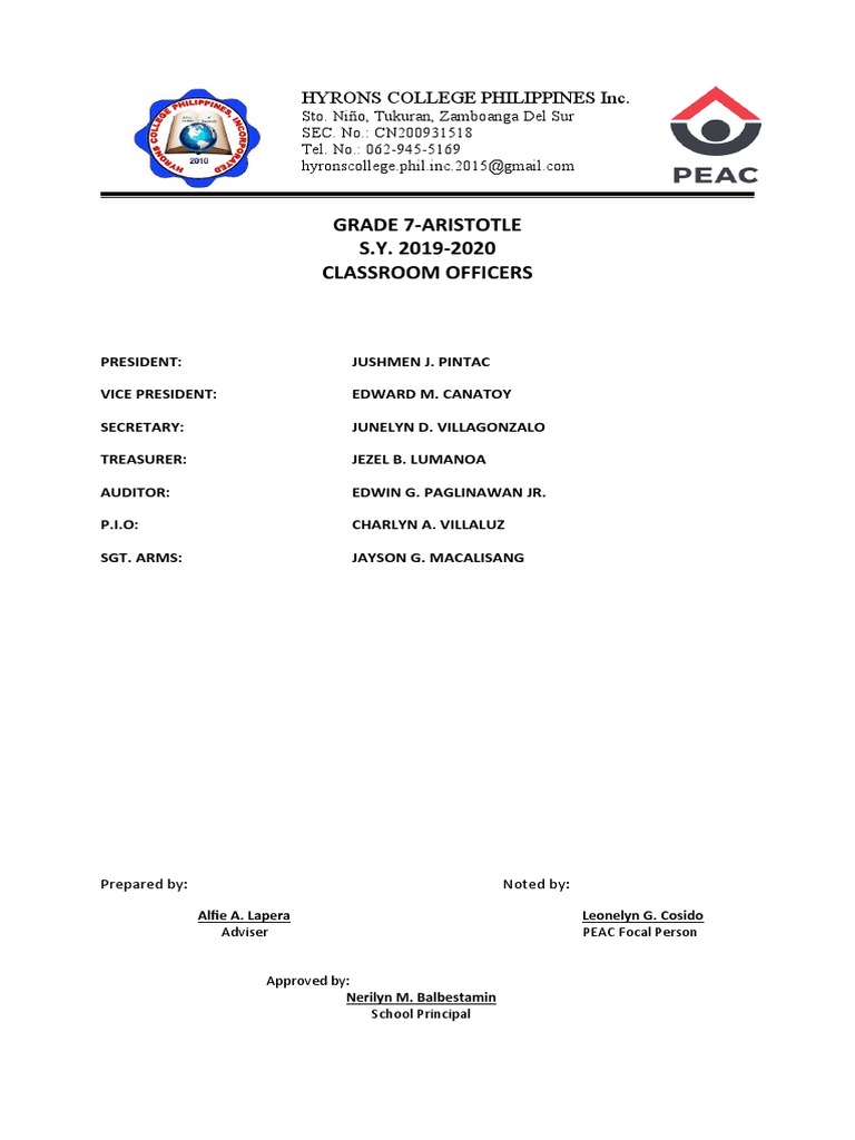 Grade 7 Aristotle Classroom Officers 2019-2020 | PDF