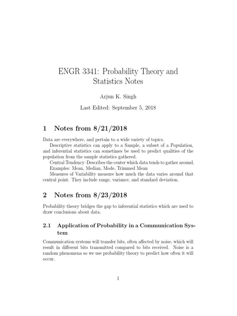 ENGR 3341: Probability Theory and Statistics Notes | PDF | Probability ...