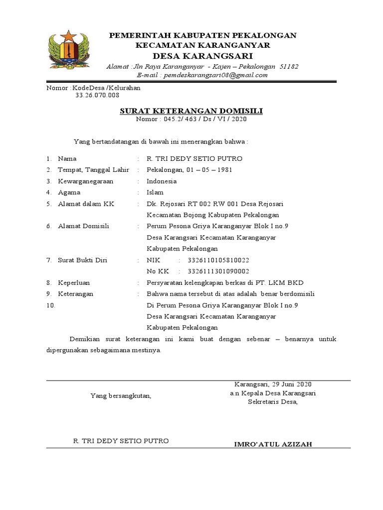 Surat Keterangan Domisili Karangsari | PDF